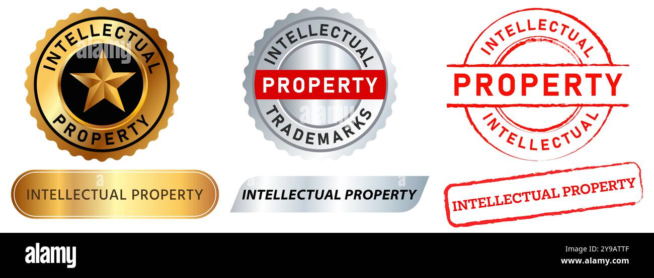 Intellectual property product assets stamps colorful badges trademarks ...
