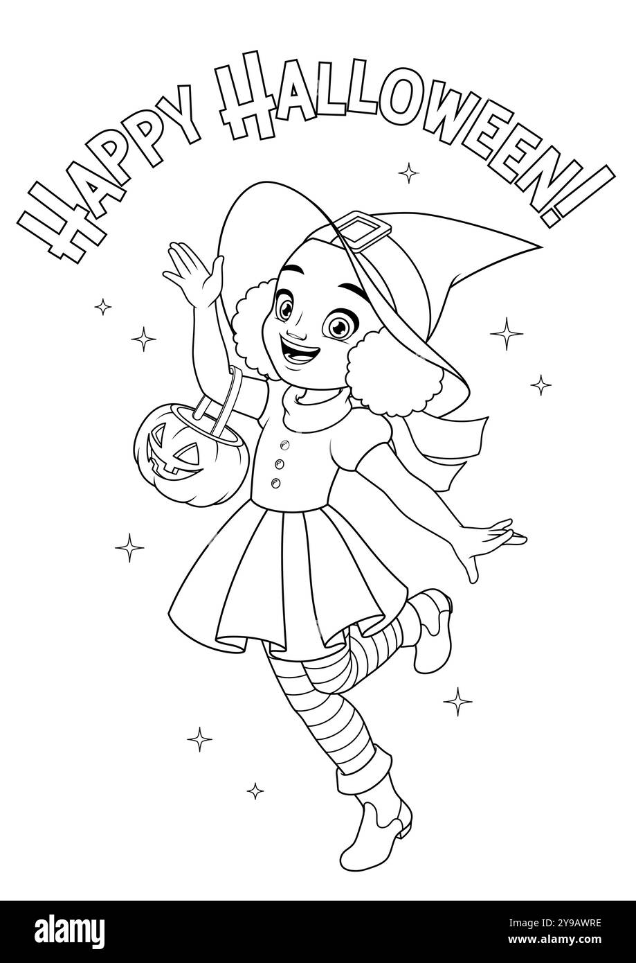 Happy little girl trick-or-treating in Halloween witch costume. Vector ...