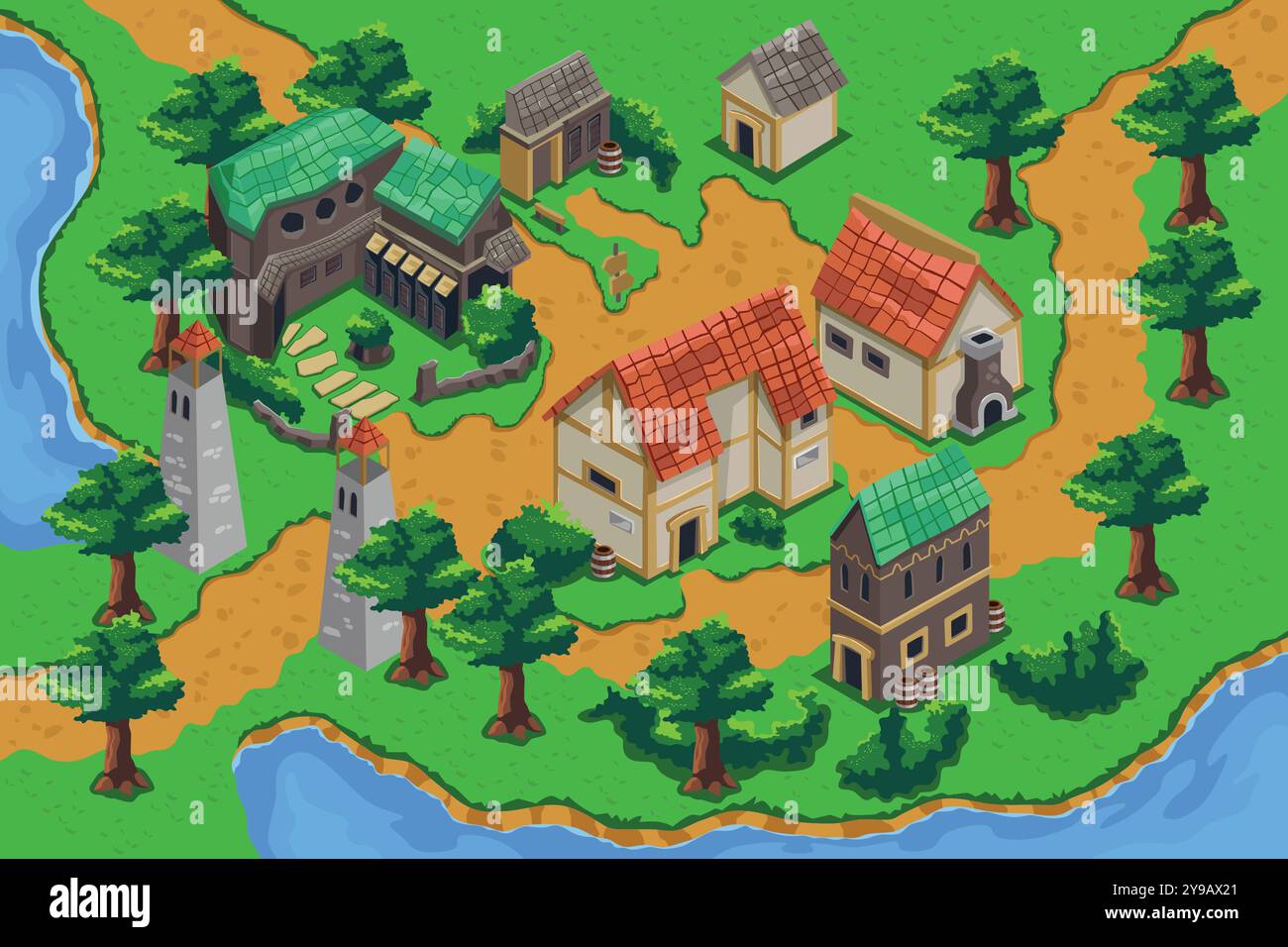 A vector illustration of Isometric Fantasy Castle Video Game Map Stock ...