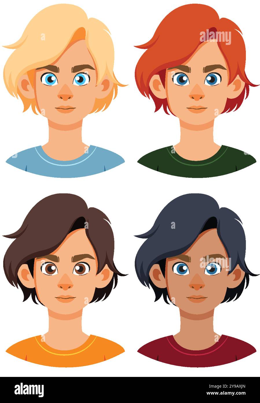 Four cartoon characters with different hairstyles and colors Stock ...