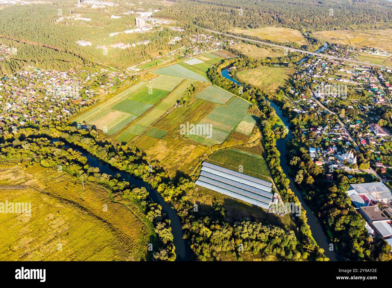 Farm fields in river floodplain, aerial view Stock Photo - Alamy
