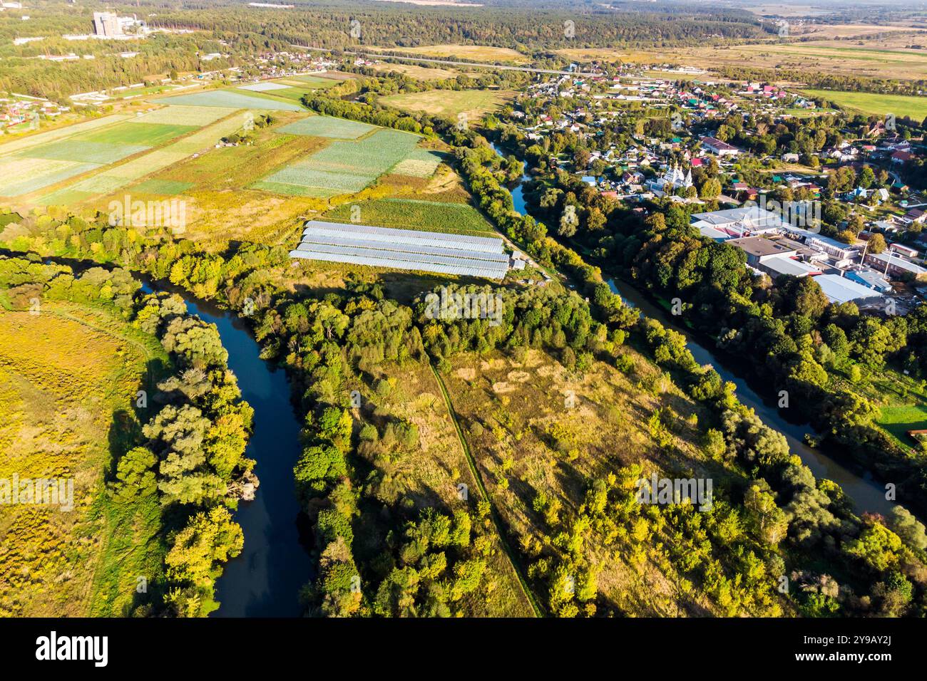 Farm fields in river floodplain, aerial view Stock Photo - Alamy