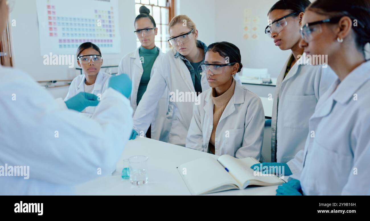 Science, laboratory and teacher with students in class for learning ...