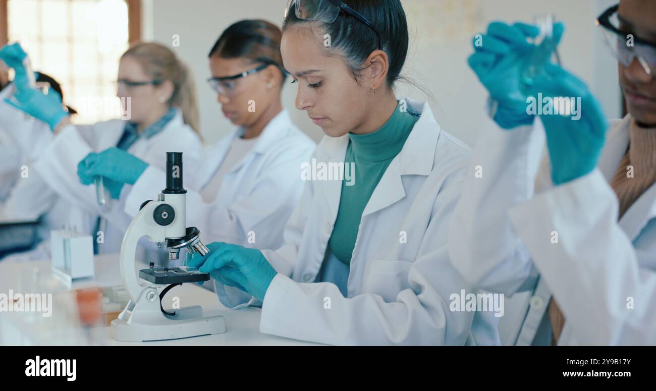 University, teamwork and students with microscope for science, education and practical ...