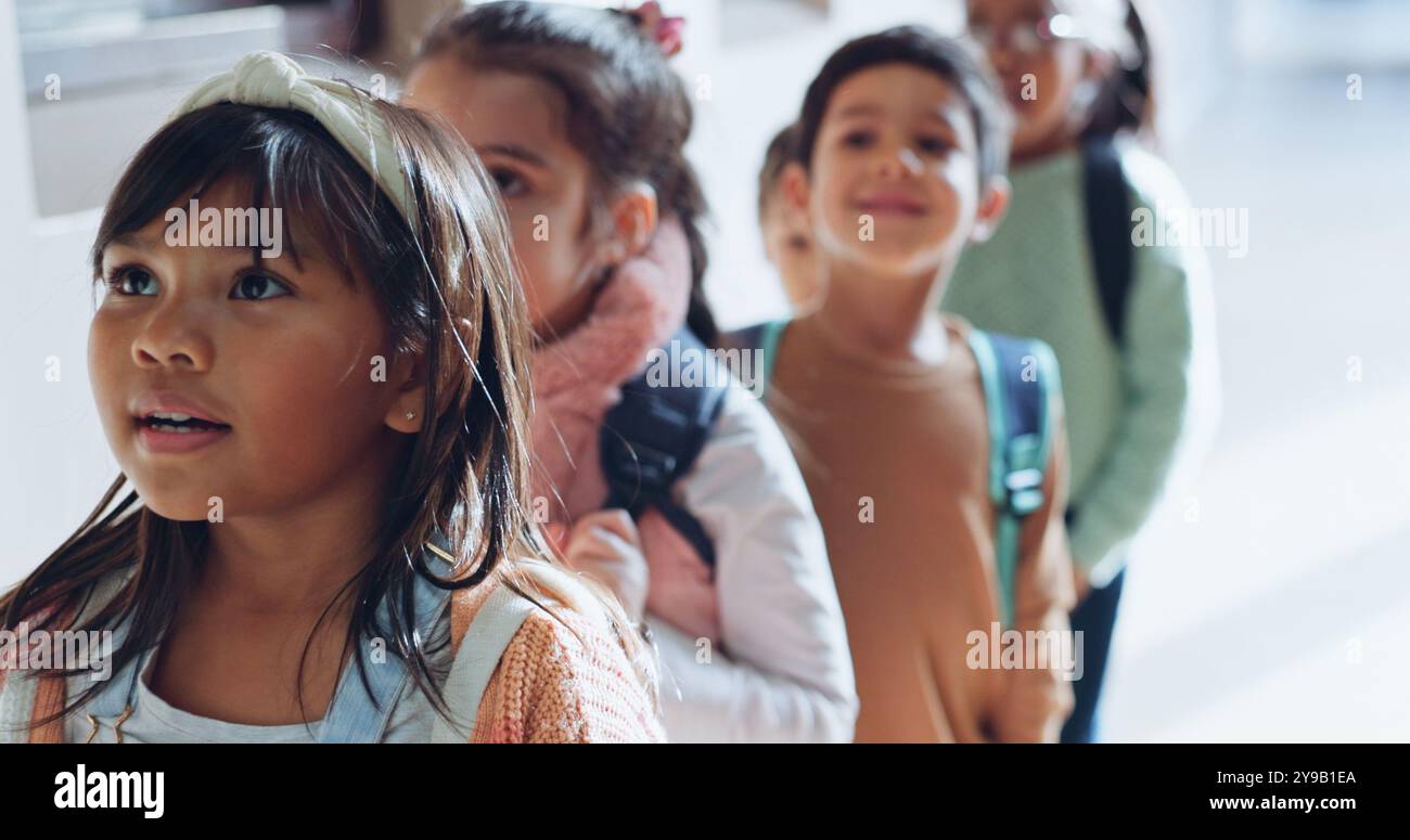 Education, students and children in row outdoor for lesson, learning ...
