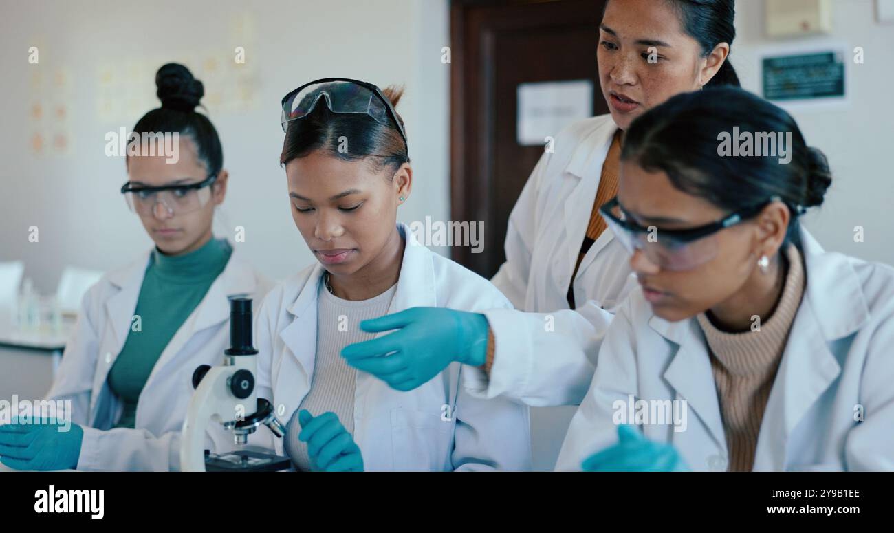 Science, lab and teacher with student people with microscope for ...
