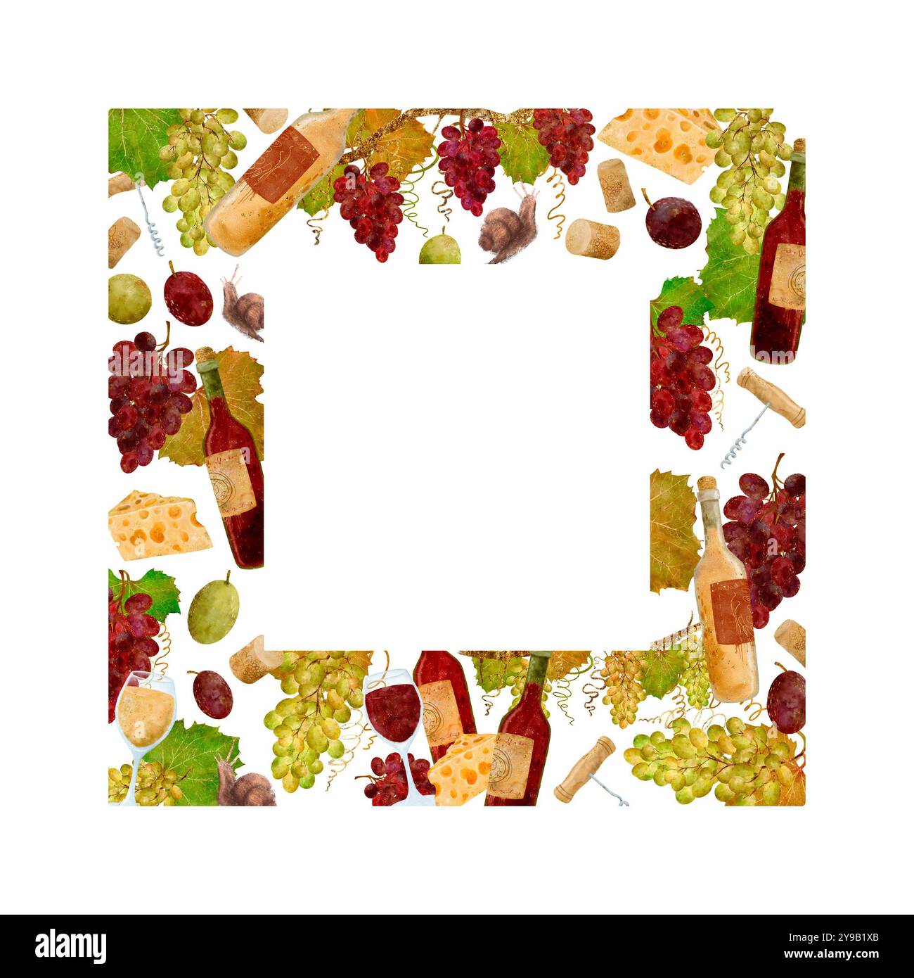 A beautifully illustrated border featuring wine, cheese, and grapes ...
