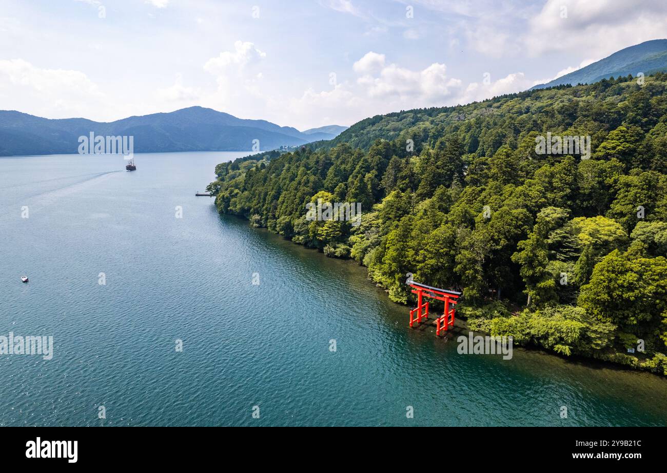 Aerial view of Hakone lake shrine, in Japan Stock Photo - Alamy