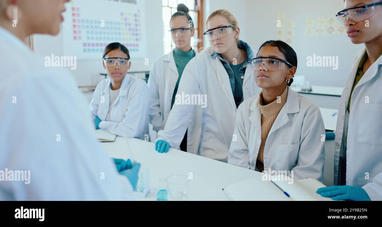 Science, laboratory and teacher with students for learning, education ...