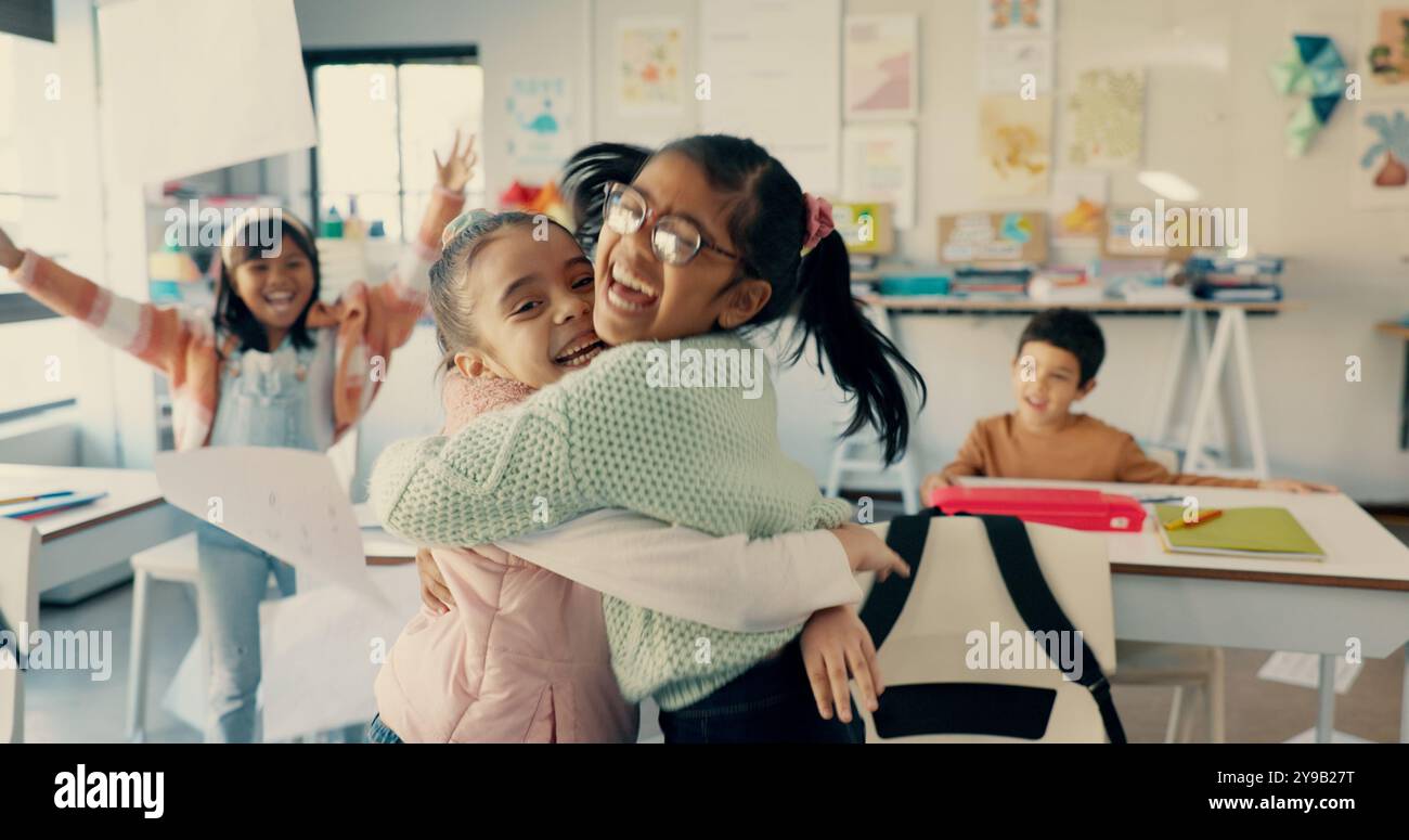 Children, excited and hug at school for celebration, victory and ...