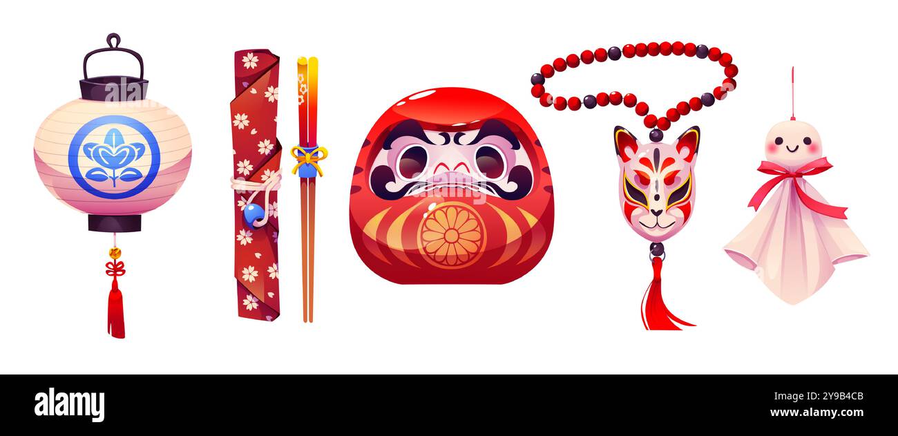 Japanese daruma toy and accessories set isolated on white background ...