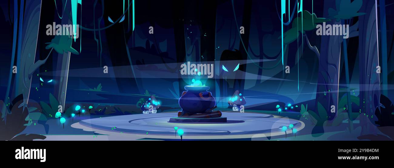 Spooky night forest landscape with glowing poison in witch cauldron on ...