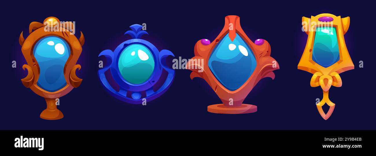 Magic mirrors set isolated on black background. Vector cartoon ...