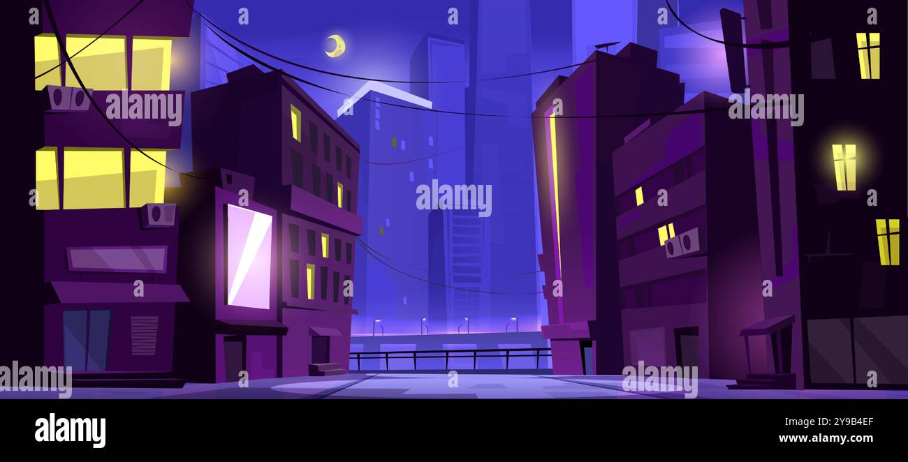 Night downtown street landscape with light in windows of city ...