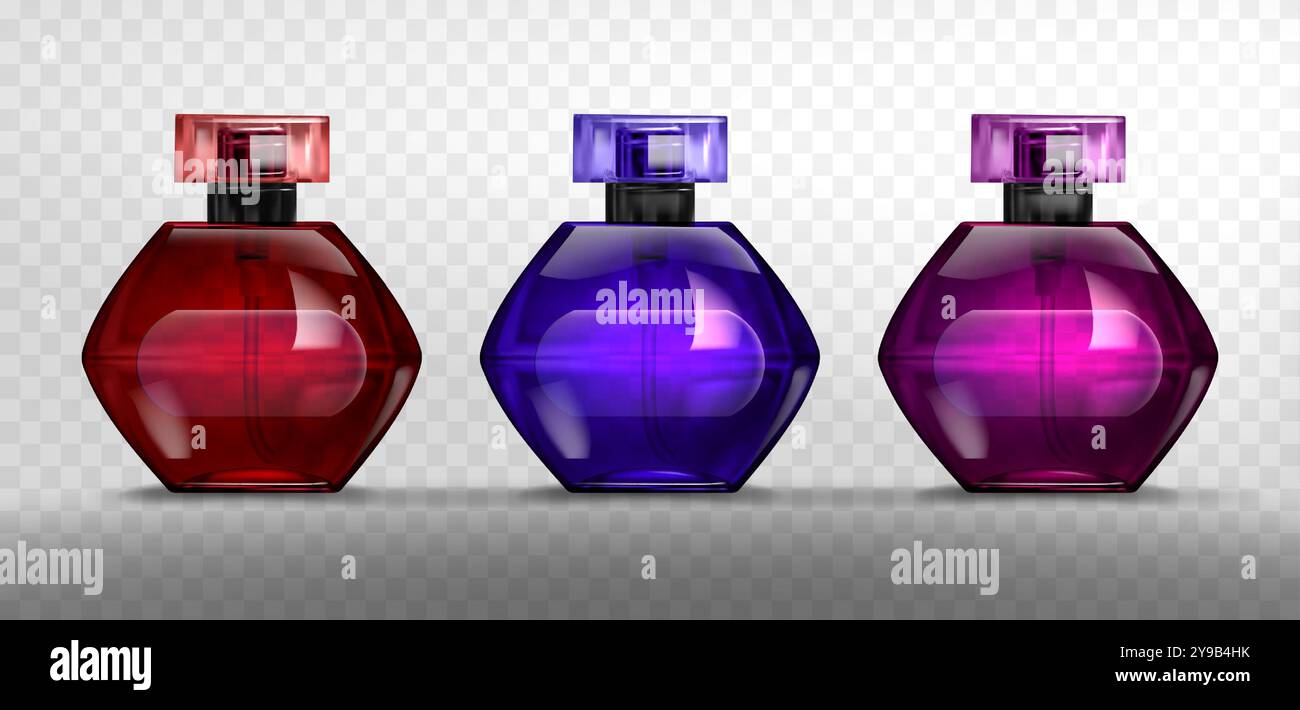 Transparent glass bottle for fragrance. Red, purple and blue perfumery ...