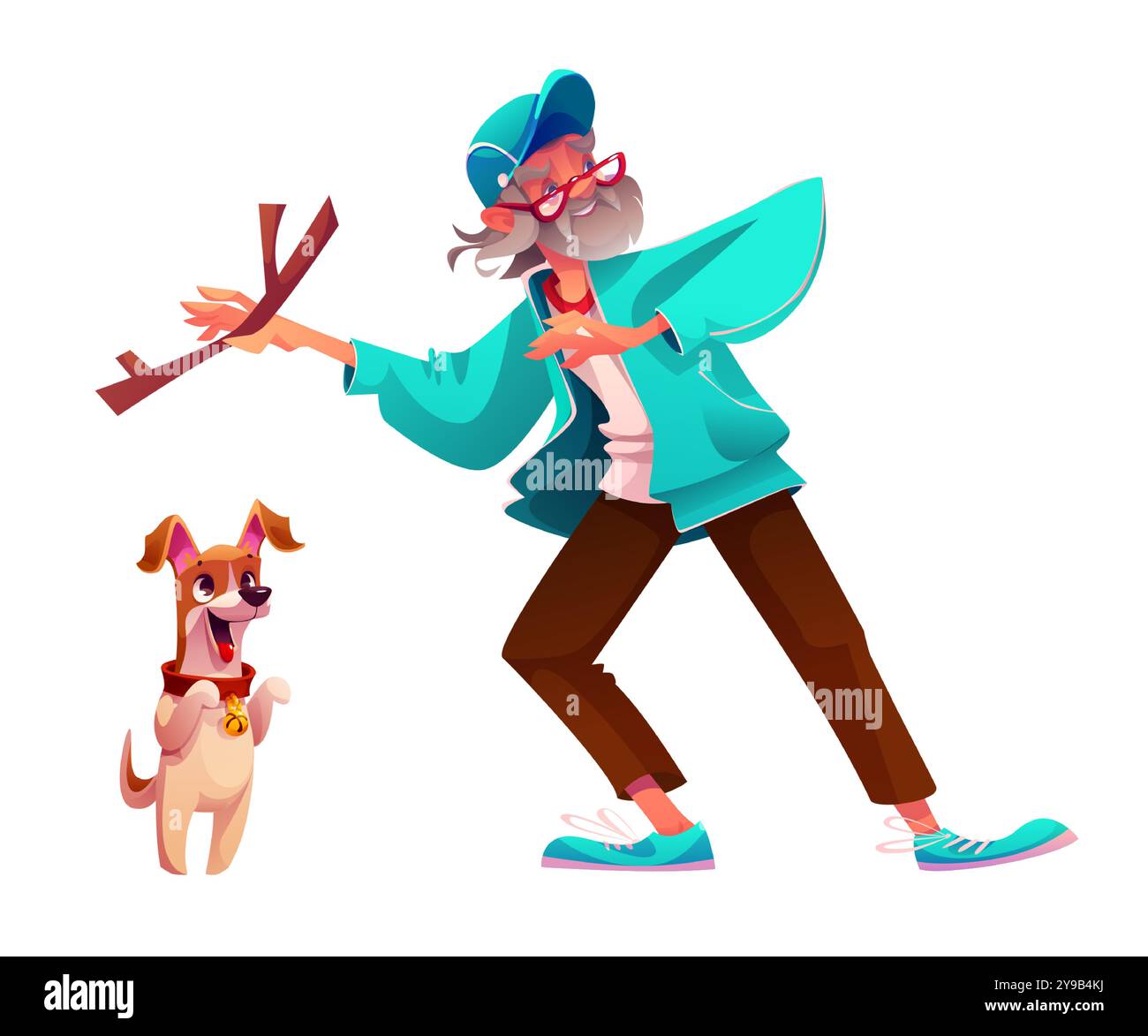 Old senior character play with dog in park vector. Happy grandpa with ...