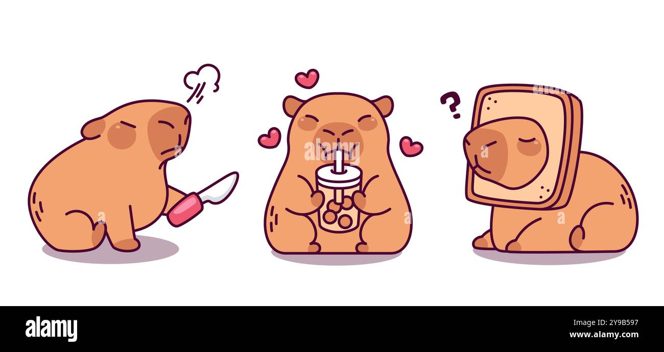 Cute funny capybara mascot in different poses. Cartoon vector rodent animal character capibara ...