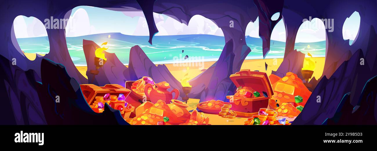 Pirate treasure cave on sea island. Vector cartoon illustration of ...