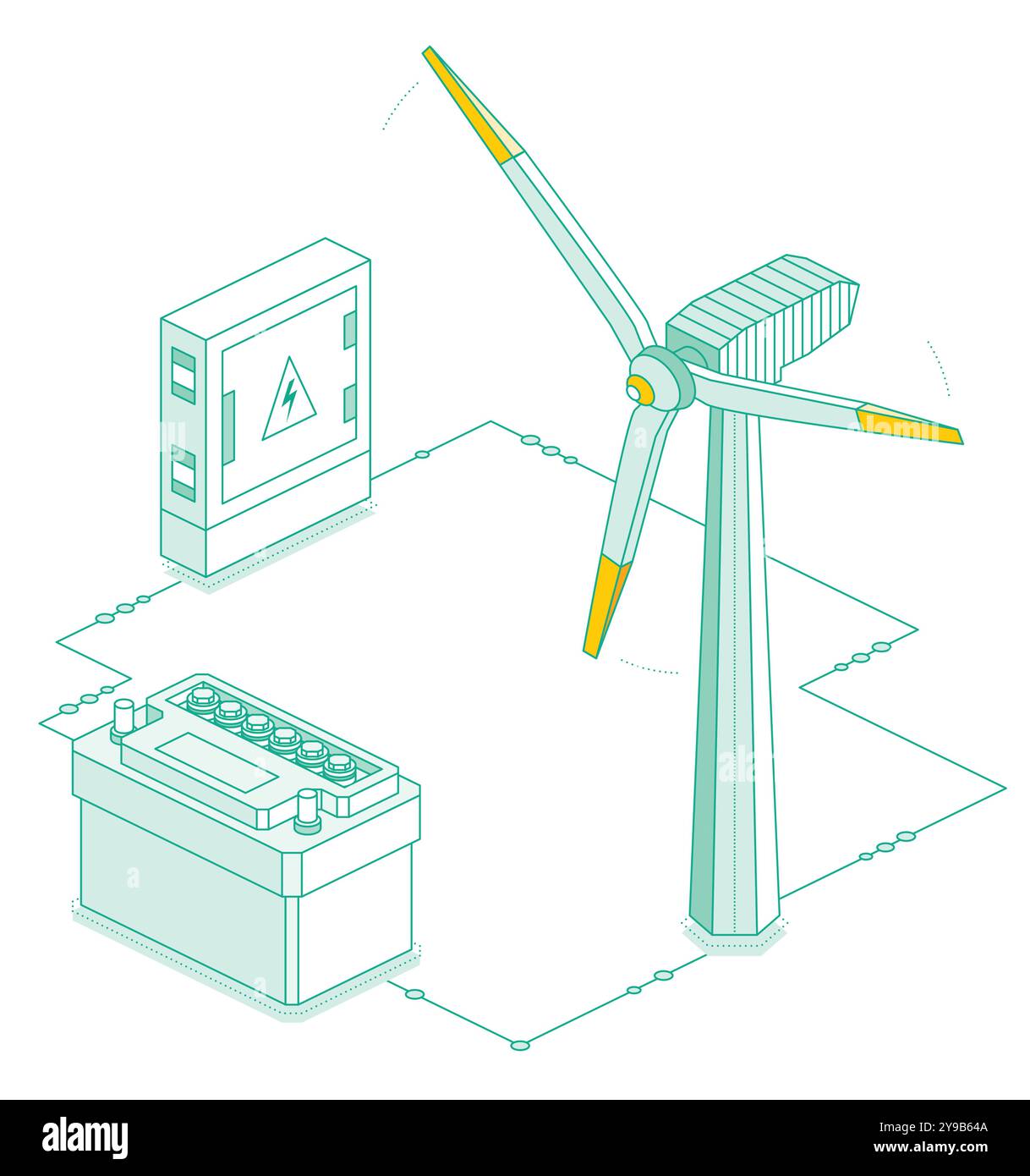 Wind turbine for generation of electricity and car battery isolated on ...