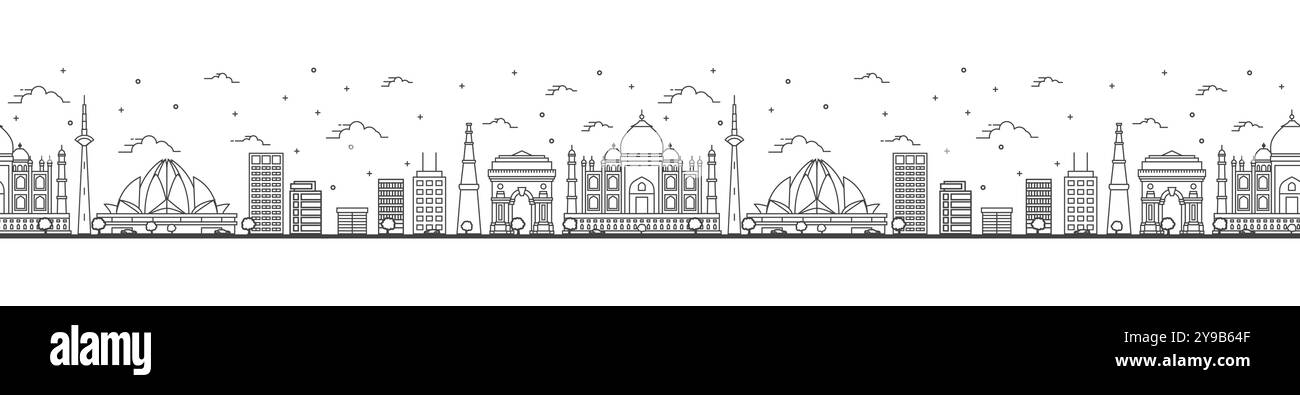 Seamless pattern with outline Delhi India City Skyline with Historic ...