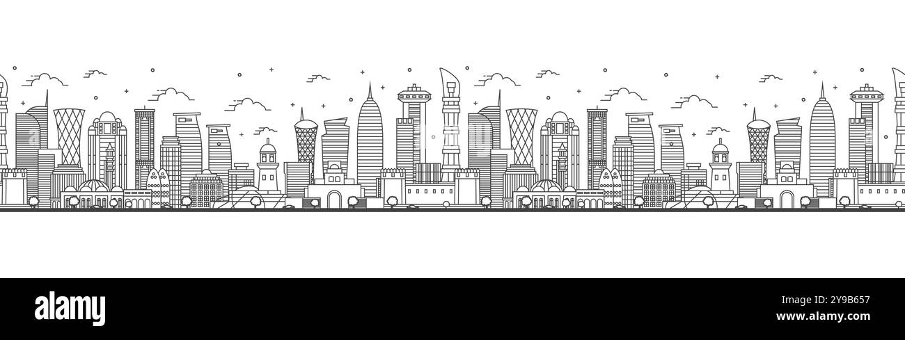 Seamless pattern with outline Doha Qatar City Skyline with Modern ...