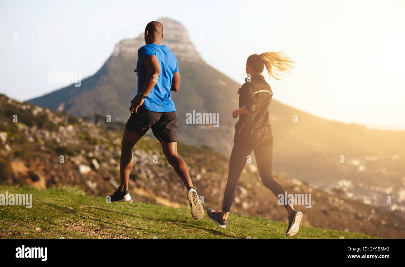 Run, couple and outdoor on mountain on hill with fitness, race training ...