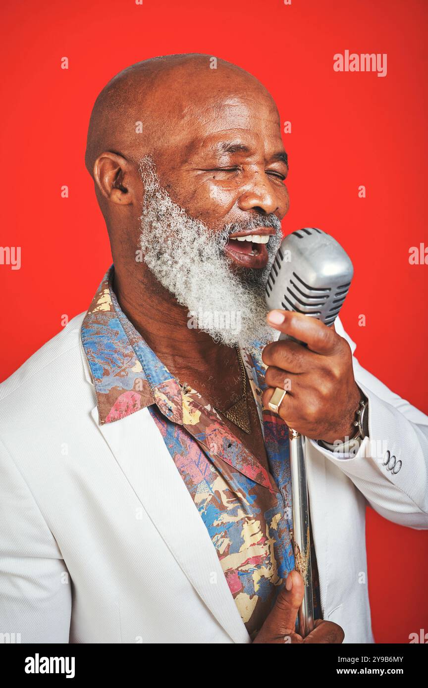 Singer, senior and black man on microphone with soul, jazz and old ...