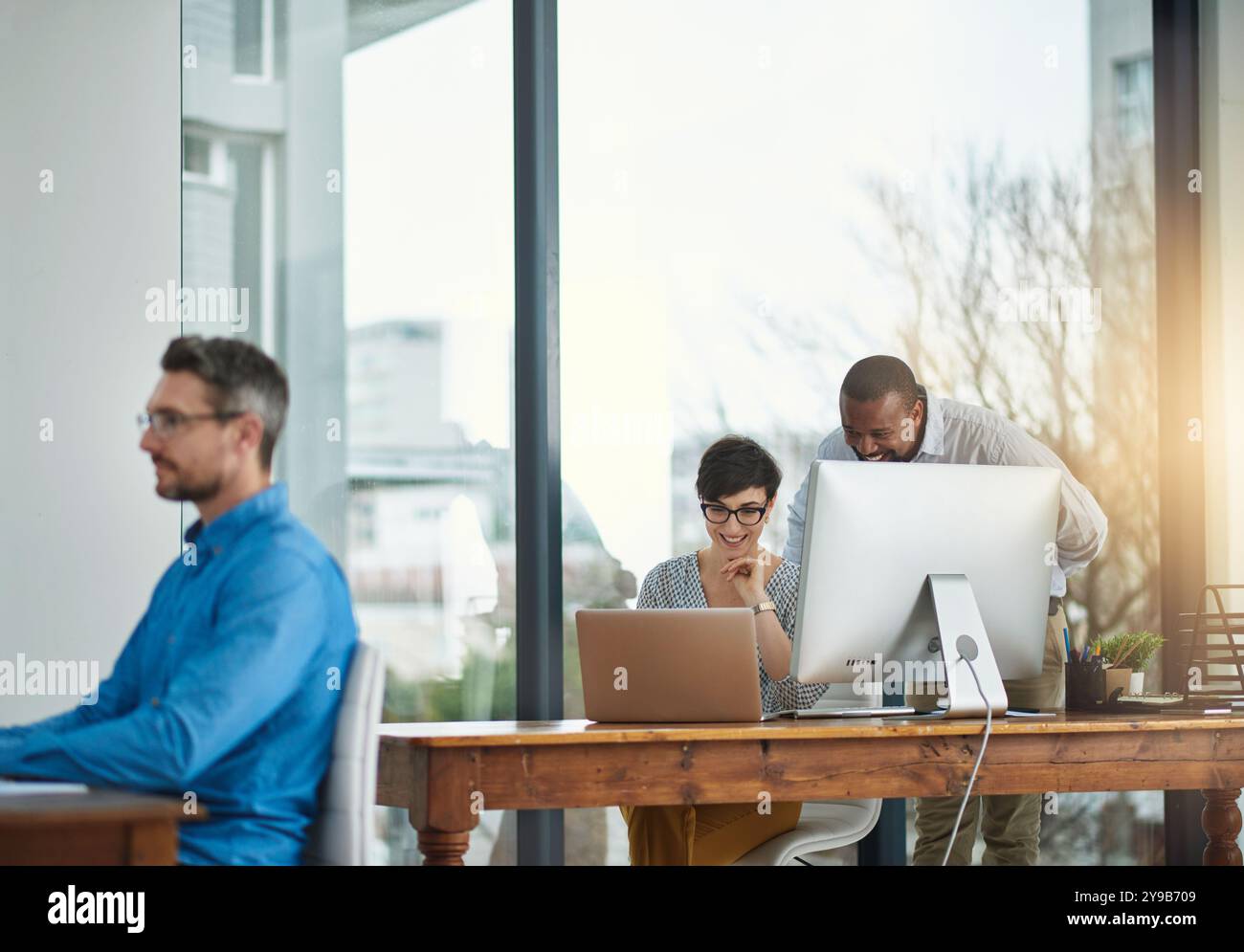 Business people, pc and teamwork with planning, conversation and ideas ...