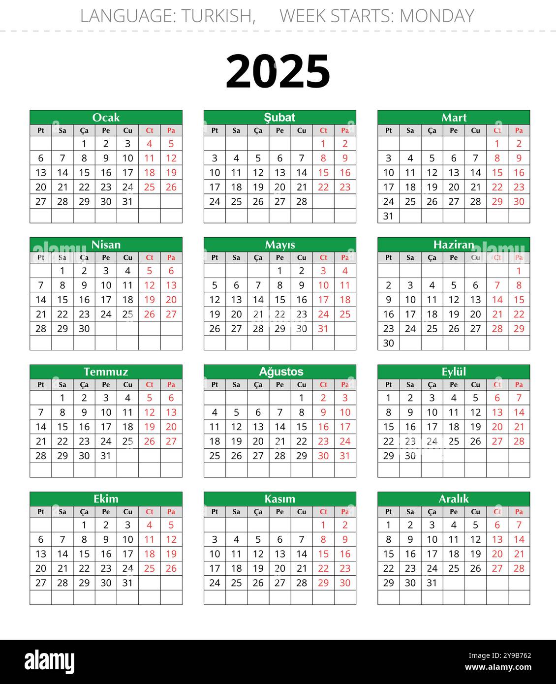 2025 year turkish calendar. Printable vector illustration for Turkey ...