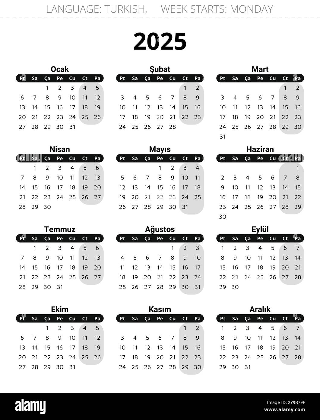 2025 year turkish calendar. Printable vector illustration for Turkey in ...