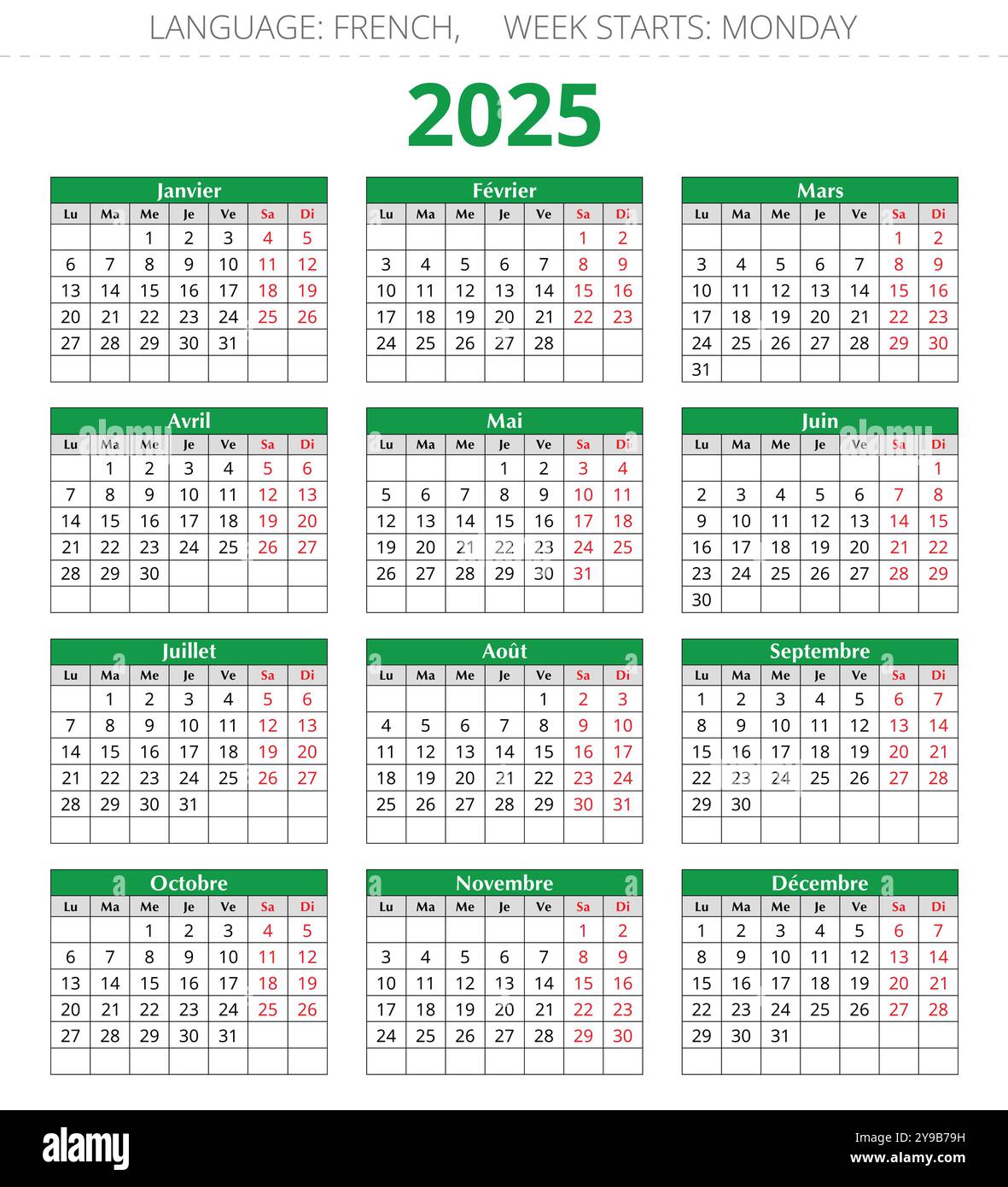 2025 french calendar. Editable vector illustration for France. 12 ...