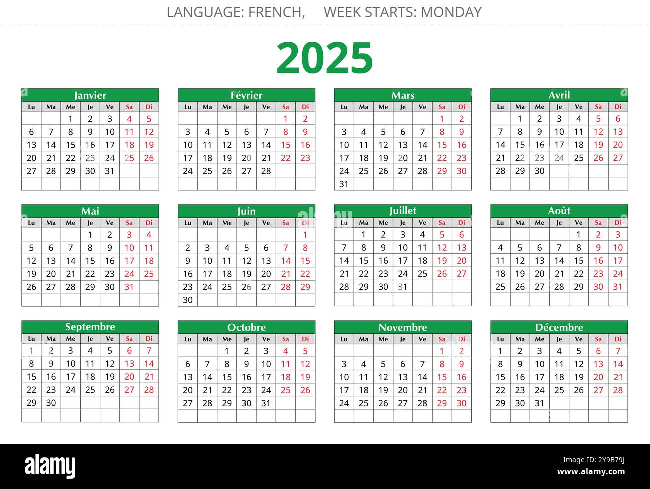 2025 french calendar. Editable vector illustration for France. 12 ...