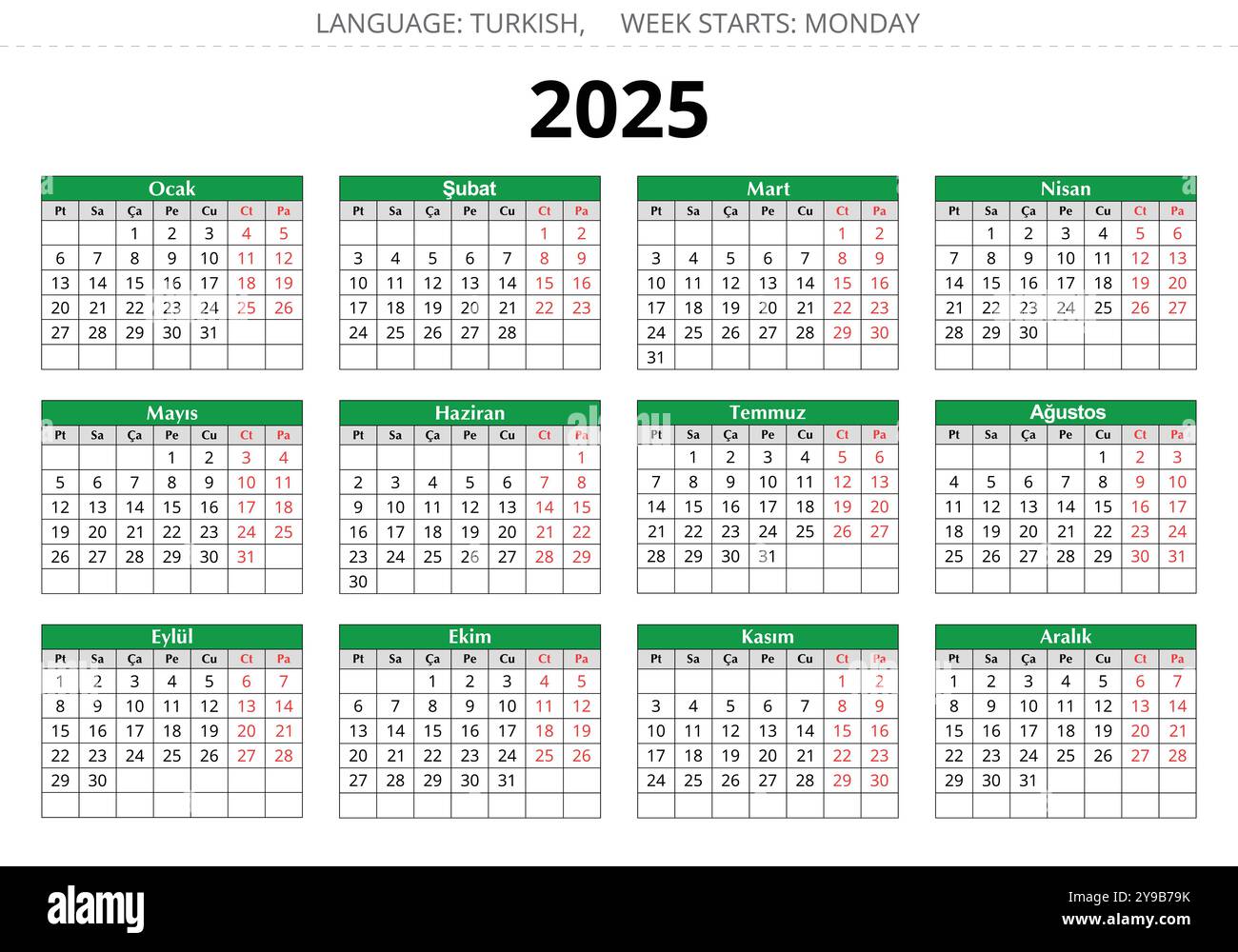 2025 year turkish calendar. Printable vector illustration for Turkey ...