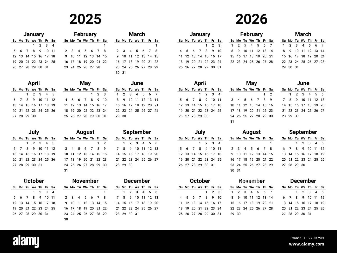 2024 and 2025 year english vector calendars with 12 months in black colors (two letters in the ...