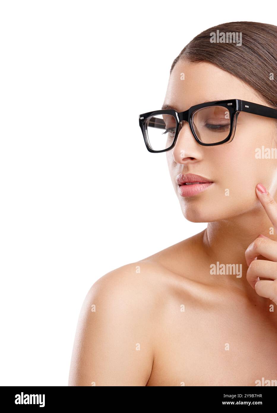 Beauty, frame and glasses with face of woman in studio isolated on ...