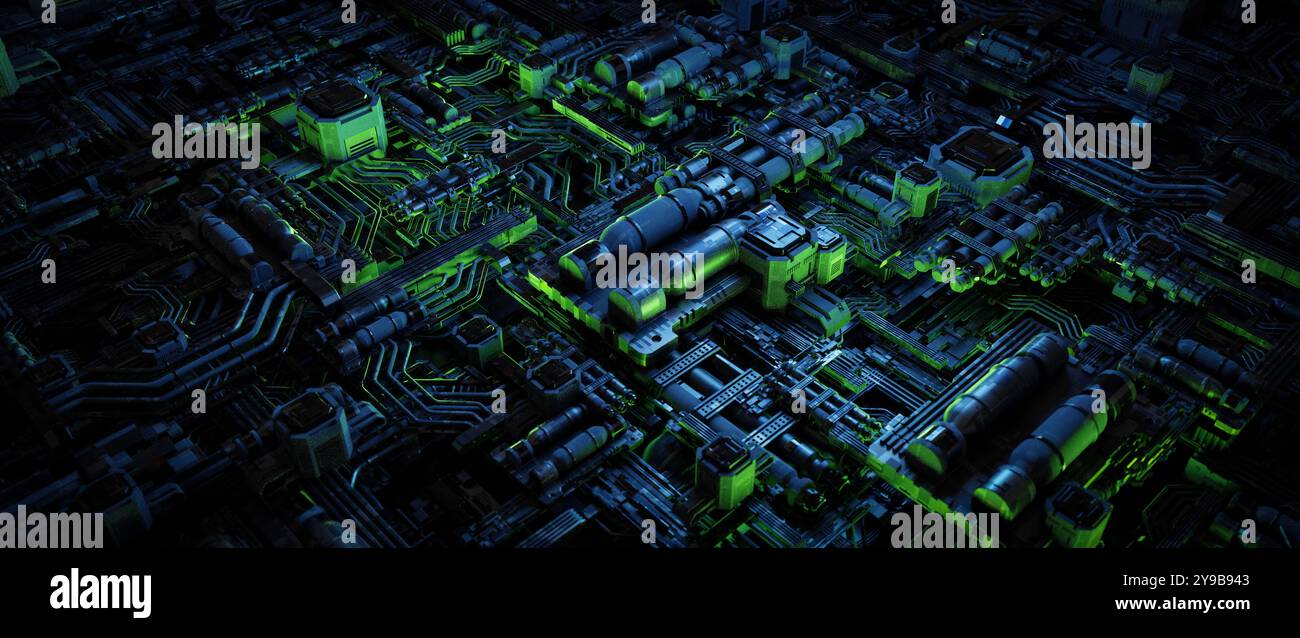 An Abstract 3d Rendering Depicting A Complex Futuristic Circuit Board The Image Showcases A