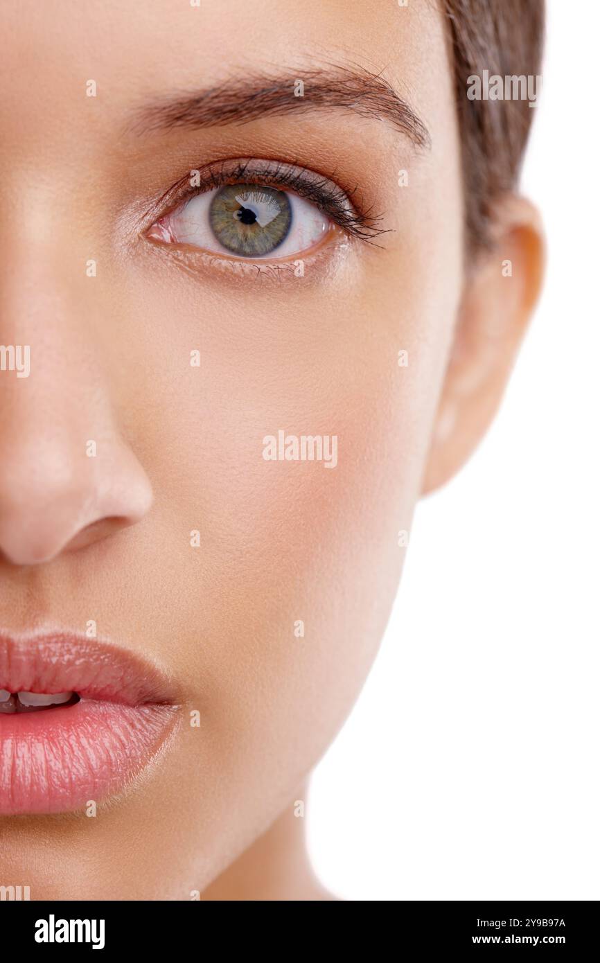 Beauty, eye and portrait of woman in studio isolated on white ...