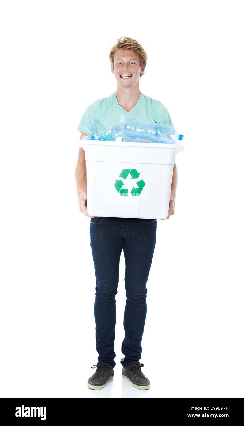 Happy man, portrait and recycling with plastic bottles for global ...