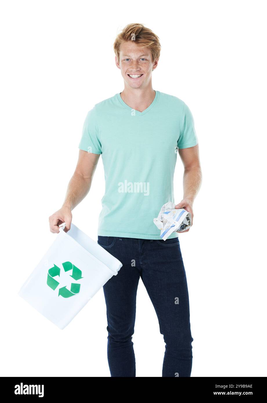 Happy man, portrait and recycling with paper or bin for global warming ...