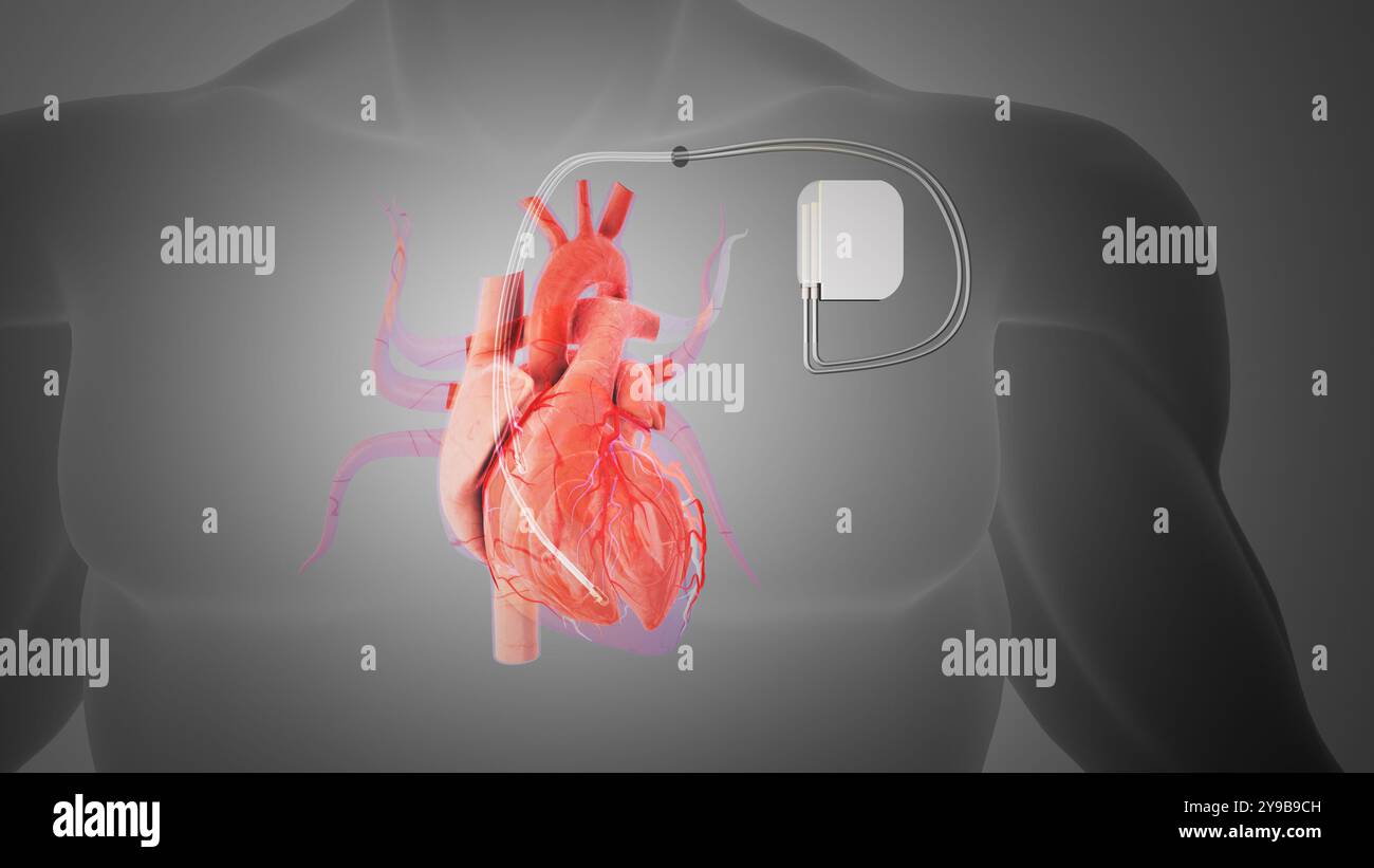 Heart with implanted pacemaker system Stock Photo - Alamy