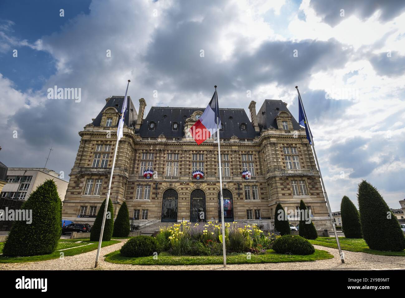 Versailles City Hall and Gardens Under Cloudy Skies - France Stock ...