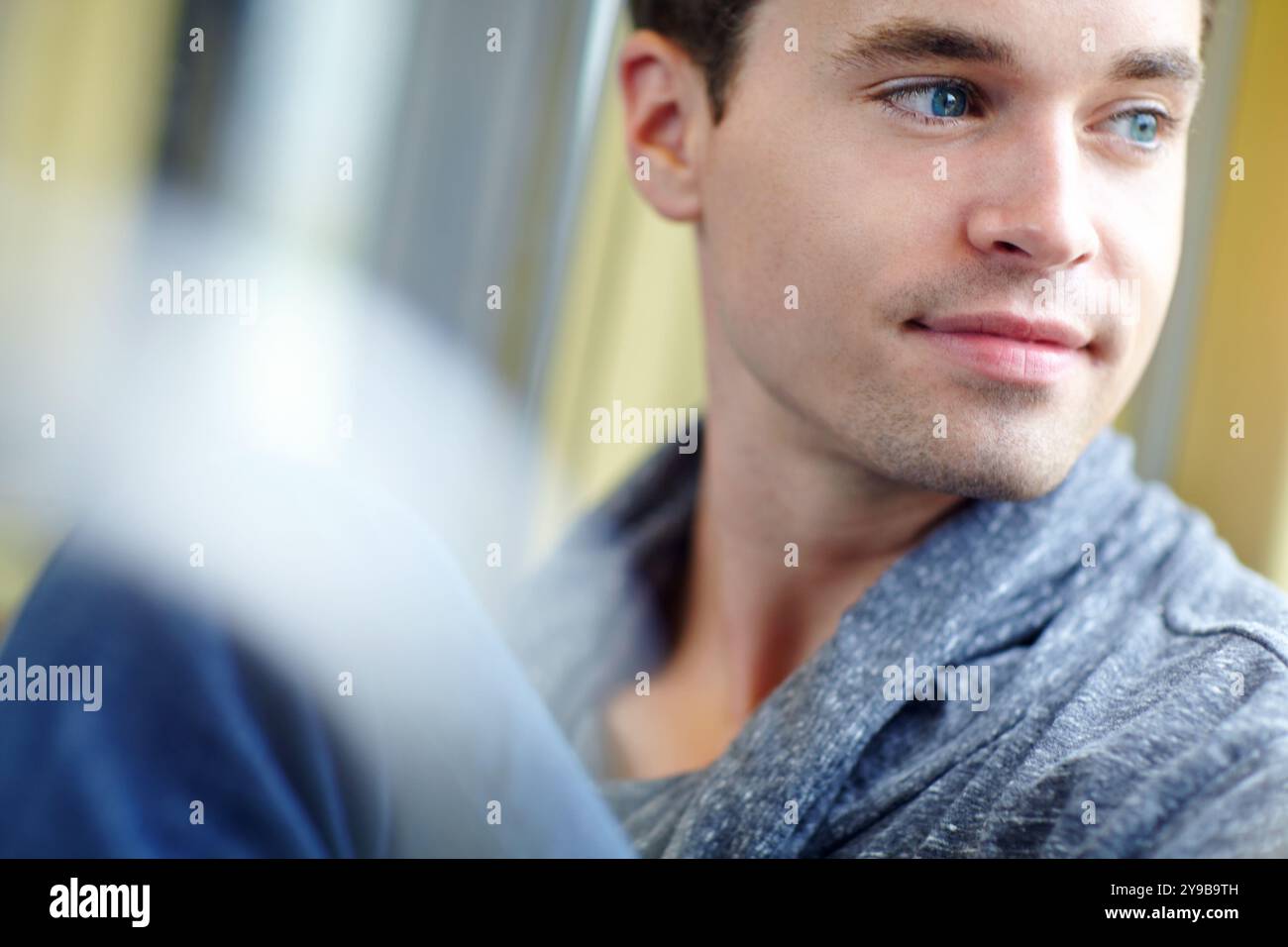 Travel, thinking and man on train for journey, commute or reflection ...