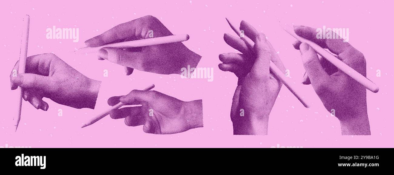 Collage hands with pencil. Retro photocopy effect. Vector elements with ...