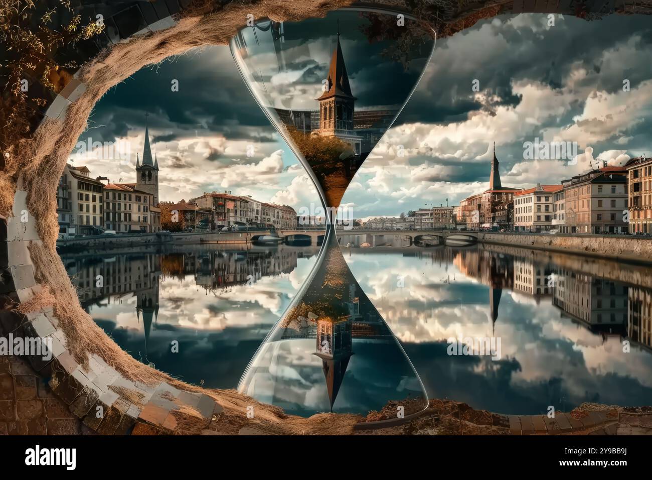 A stunning hourglass capturing a storm of nature and villages falling ...