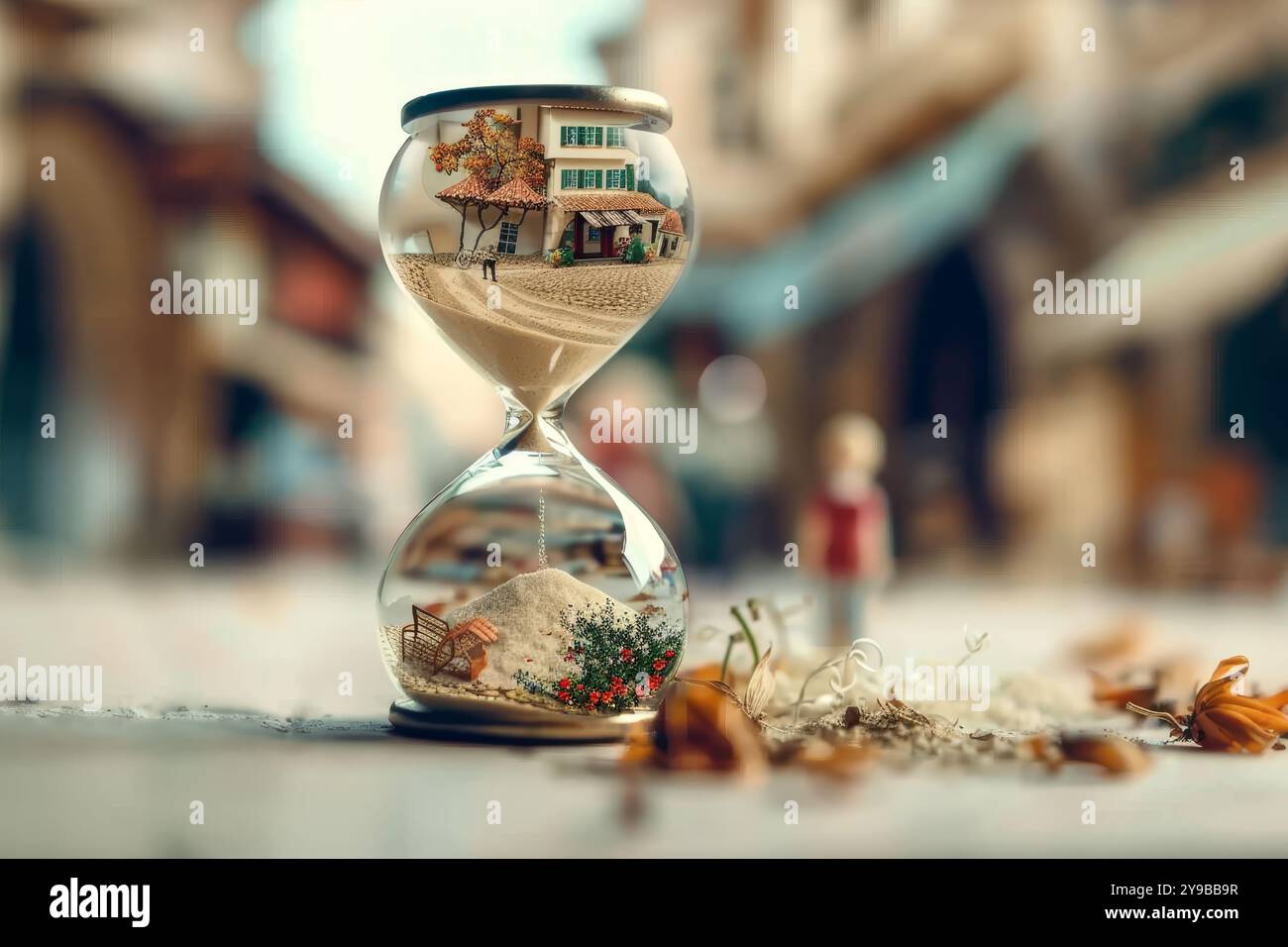 A stunning hourglass depicting a stormy village and nature collapsing ...
