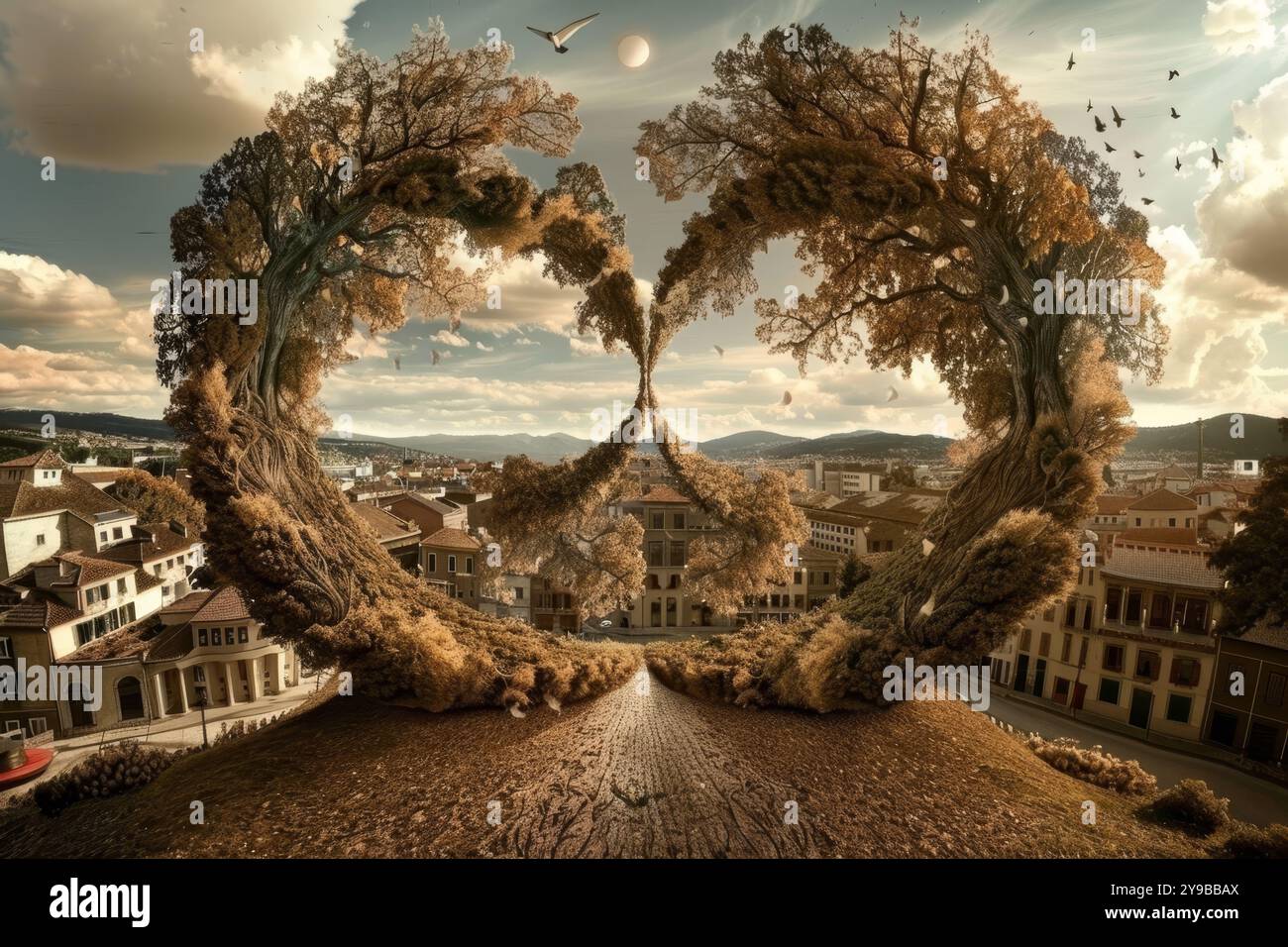 A stunning hourglass depicts a storm of nature and a village ...