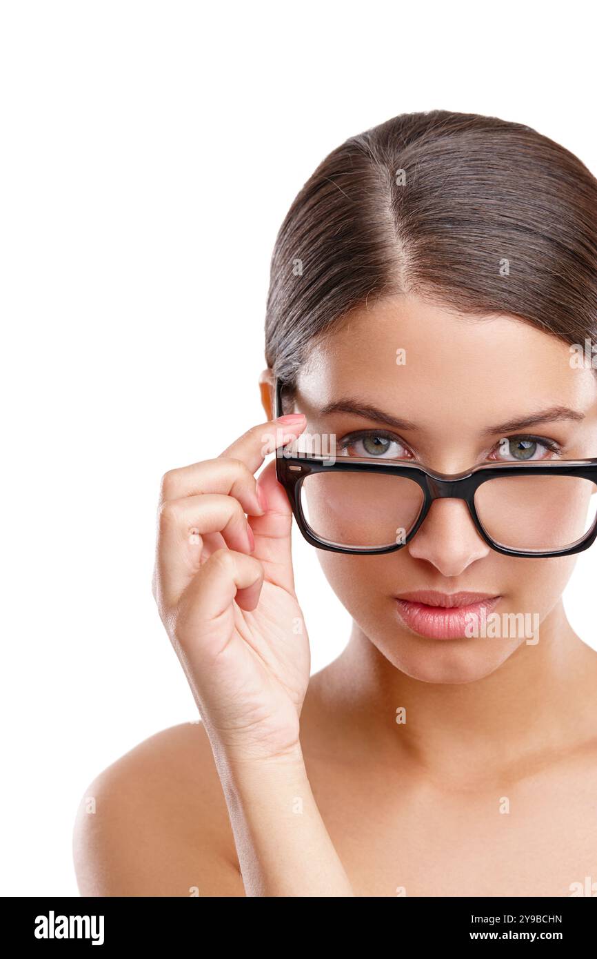 Beauty, eyewear and frame with portrait of woman in studio isolated on ...