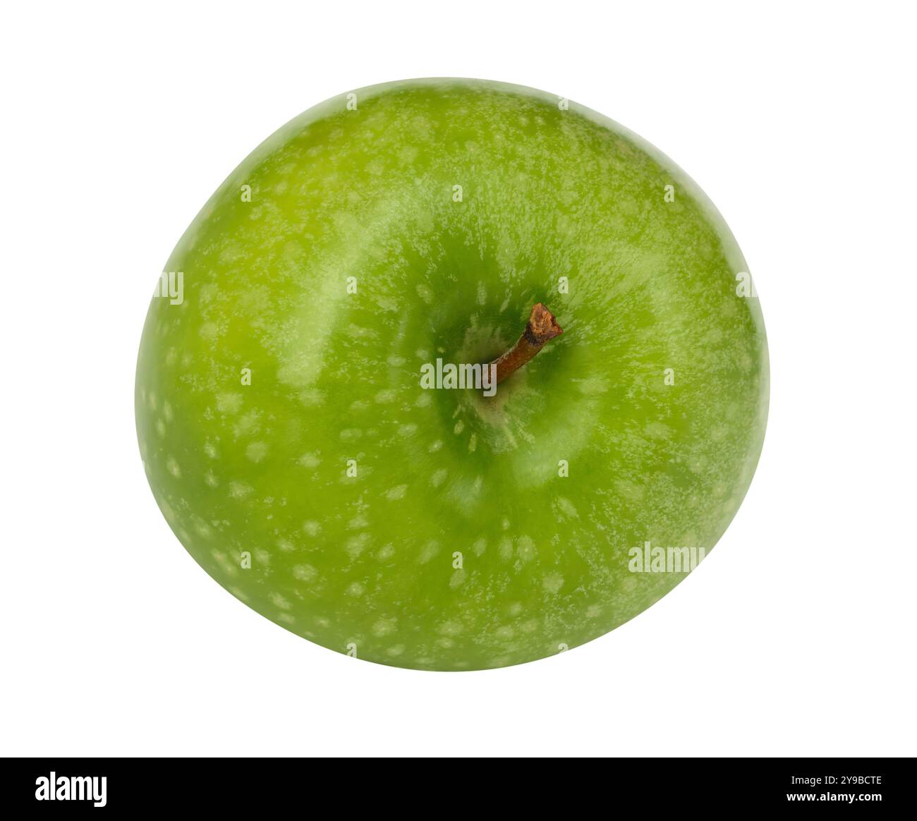 Green apple lying on its side with stem on white background in ...