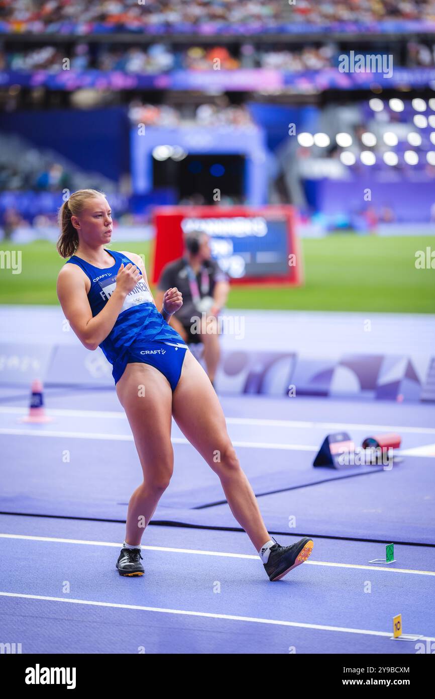 Saga Vanninen participating in the long jump at the Paris 2024 Olympic ...