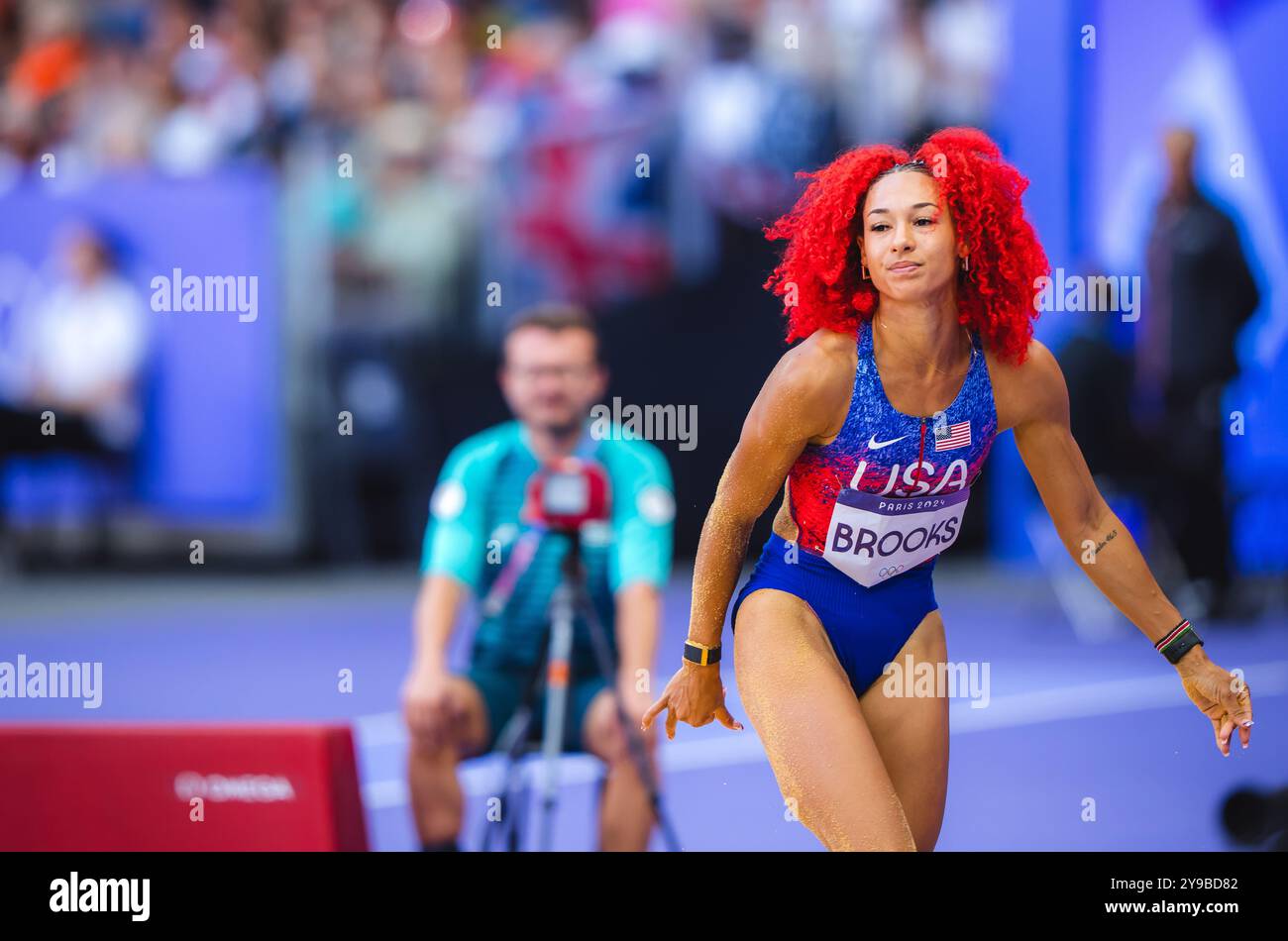 Taliyah Brooks participating in the long jump at the Paris 2024 Olympic ...